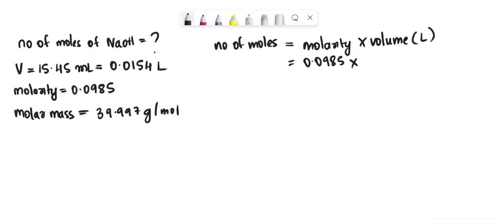 SOLVED: Calculate the number of moles of NaOH used when 15.45 mL of the 0.0985 M solution was ...