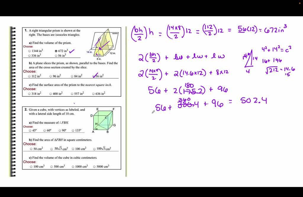 SOLVED: 1. Aright triangular prism is shown at the right: The bases are ...
