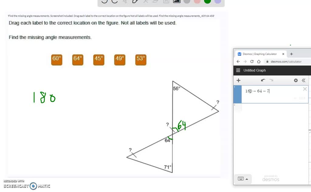 SOLVED: 'Find the missing angle measurements. Screenshot included. Drag each label to the ...