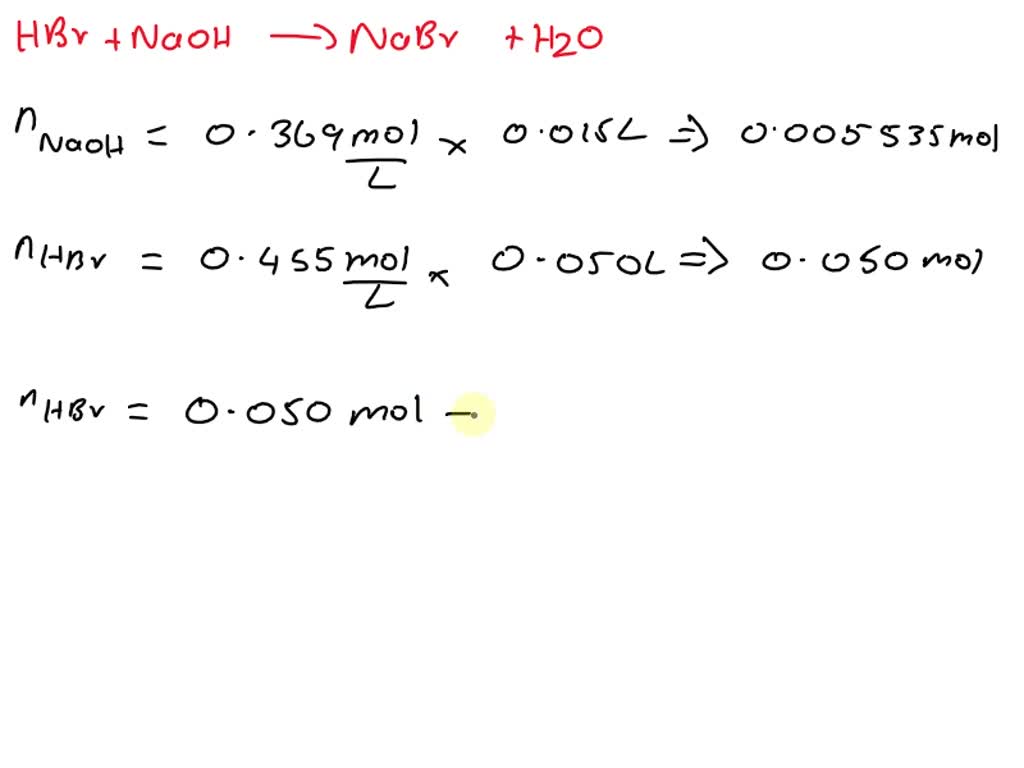 SOLVED: Question 25 (1 point) A 50.00 mL sample of 0.455 M HBr is titrated with 15.00 mL of 0. ...