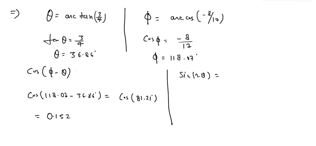 SOLVED: Let Î¸ = arctan(3/4) and Ï† = arccos(-8/17). First, SKETCH ...