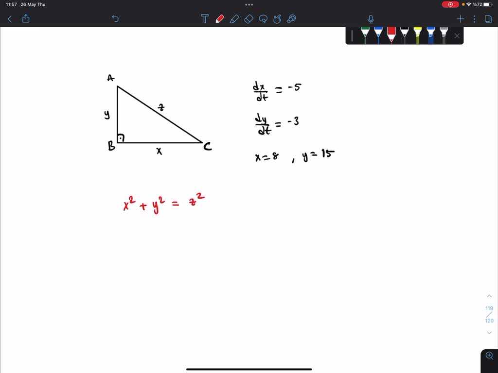 SOLVED: The base of a right triangle is decreasing at a rate of 4 meters per minute and the ...