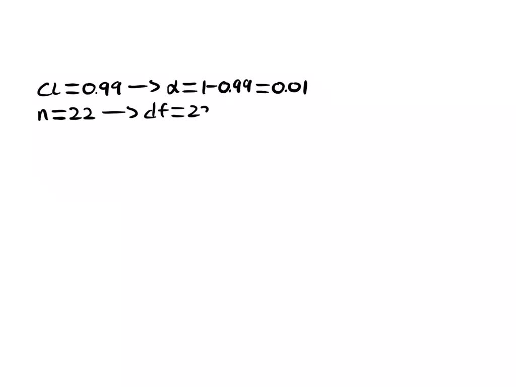 SOLVED: For a confidence level of 99% with a sample size of 23, find ...