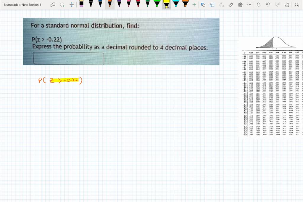 SOLVED: For a standard normal distribution, find: P(z > 0.22) Express ...