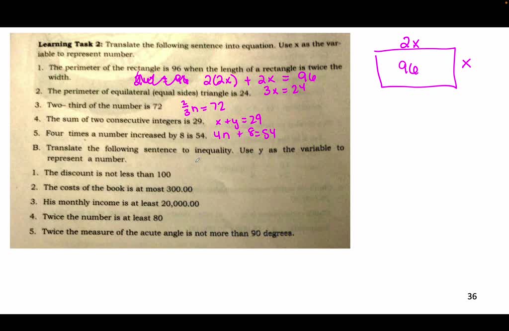 SOLVED: Learning Task 2: Translate the following sentence. Use x to represent number. The ...