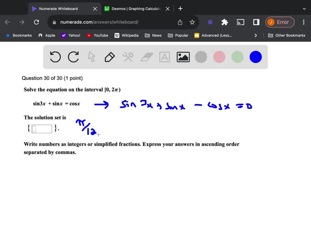 SOLVED: Question 30 of 30 point) Solve the equation on the interval [0 ... SOLVED: Question 30 of 30 point) Solve the equation on the interval [0 ...