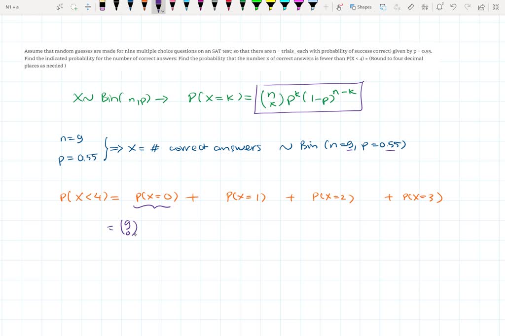 SOLVED: Assume that random guesses are made for nine multiple choice ...