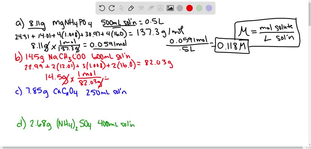 SOLVED: 66. Calculate the molarity of a solution that contains 0.0345 mol NH4Cl in exactly 400 ...