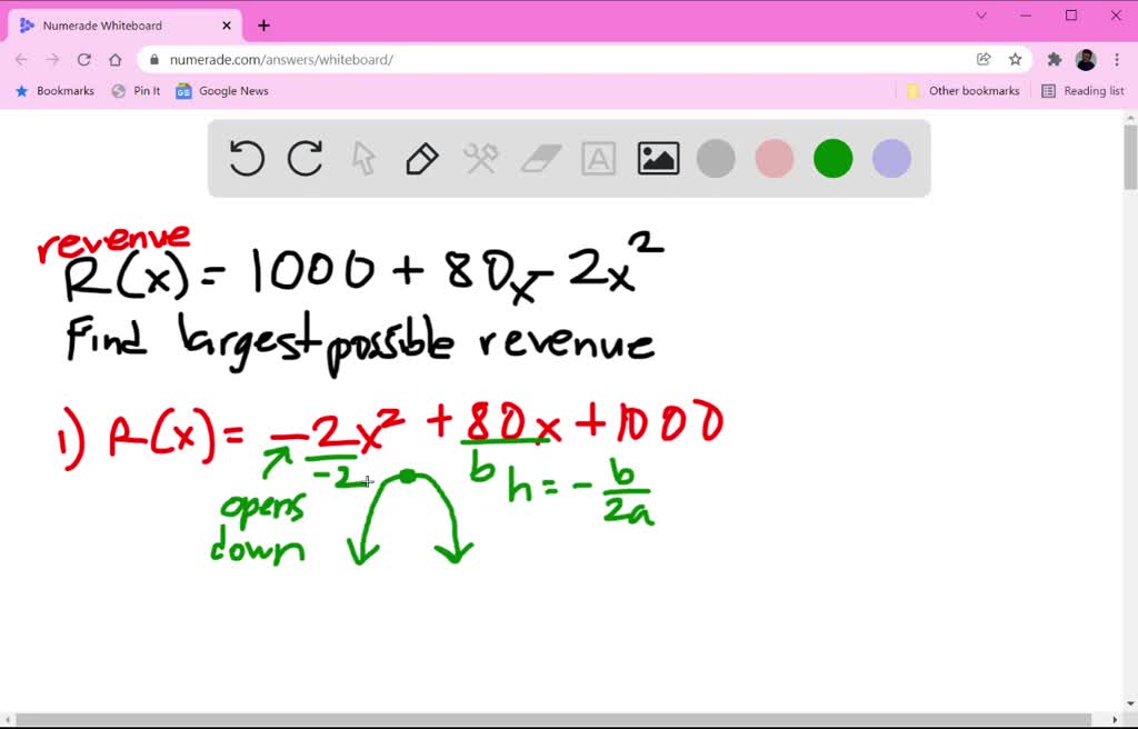SOLVED: R(x) = 1,000 + 80x – 2x2 is the total daily revenue “R” from ...