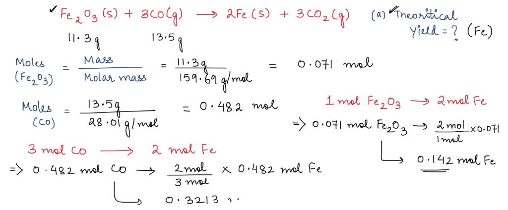 SOLVED: A sample of 11.3 g of Fe2O3 reacts with 13.5 g of CO to yield ...