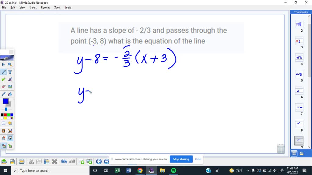 SOLVED: A line is defined by the equation y=2/3x-8. The line passes ...