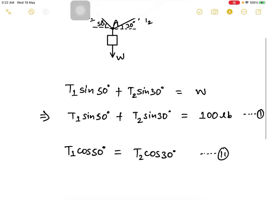 SOLVED: A 100 -Ib weight hangs from a string as shown in the figure. Find the tensions 𝐓1 and 𝐓2 ...