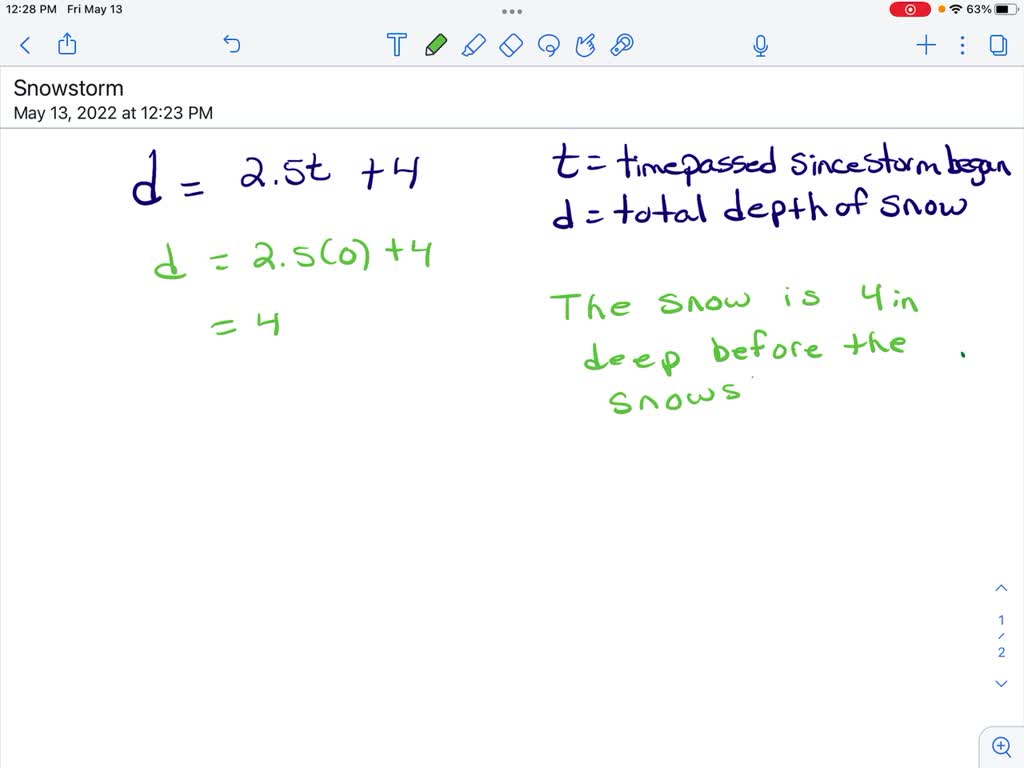 SOLVED: The equation d = 2.5t + 4 gives the depth of the snow on the ...