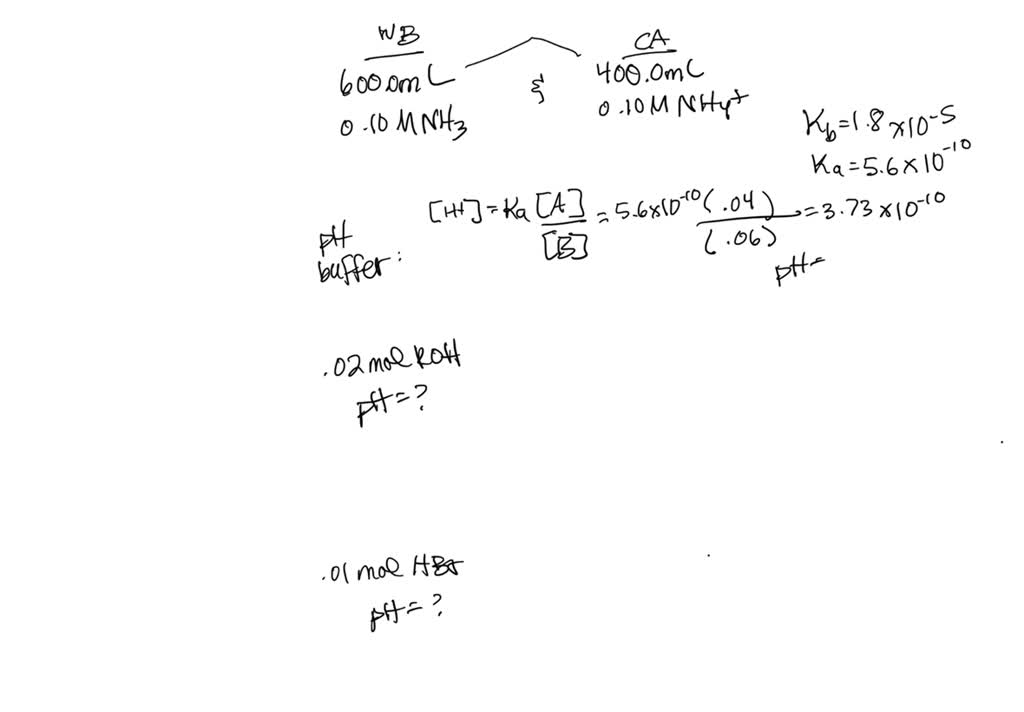SOLVED: A buffer made by mixing 600.0 mL of 0.10 M NH3 with 400.0 mL of 0.10 M NH4Cl. Kb is 1.8 ...