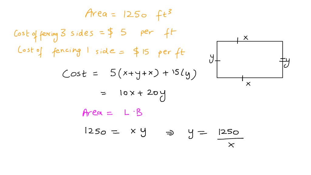 SOLVED: A fence is to be built to enclose a rectangular area of 1250 ...