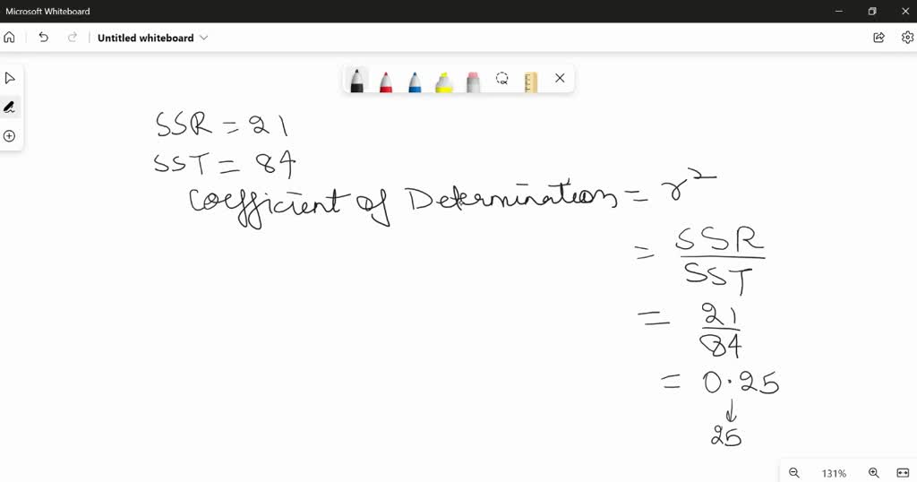 SOLVED: If SSR = 21 and SST = 84, compute the coefficient of determination, r2, and interpret ...