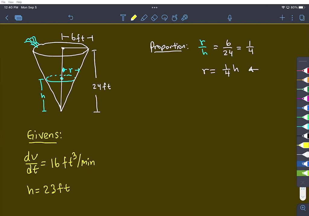 SOLVED: An inverted cylindrical cone, 24 ft deep and 12 ft across at ...
