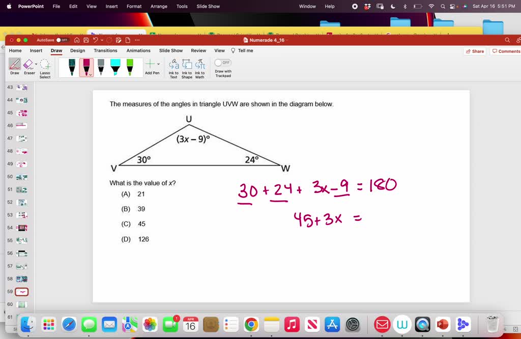 SOLVED: 'The measures of the angles in triangle UVW are shown in the diagram below. The measures ...