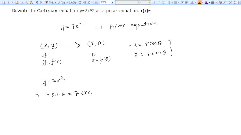 SOLVED: Rewrite the Cartesian equation y=7x^2 as a polar equation. r(x)=