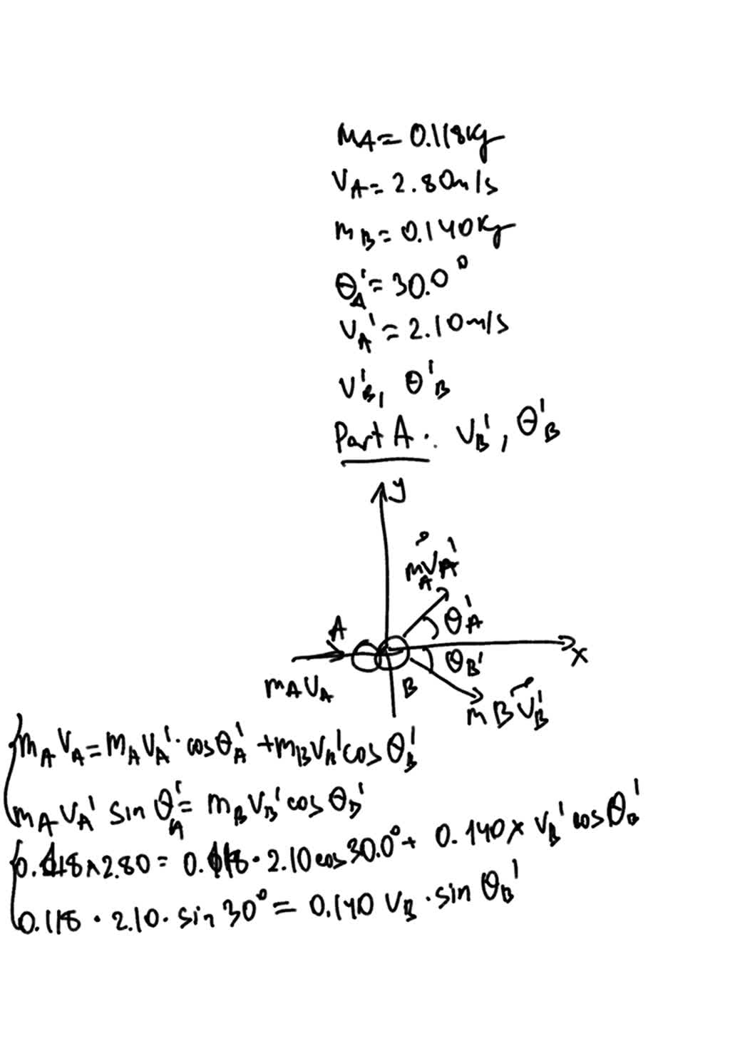 SOLVED: Billiard ball A of mass mA = 0.118 kg moving with speed vA = 2.80 m/s strikes ball B ...