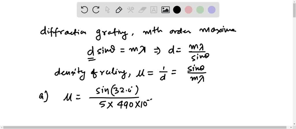 SOLVED: Light of wavelength 490 nm is incident normally on a diffraction grating. The fifth ...