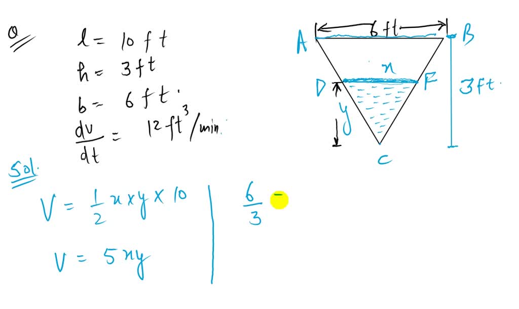 A triangular trough is 10 ft long; 6 ft across the top, and 3 ft deep ...