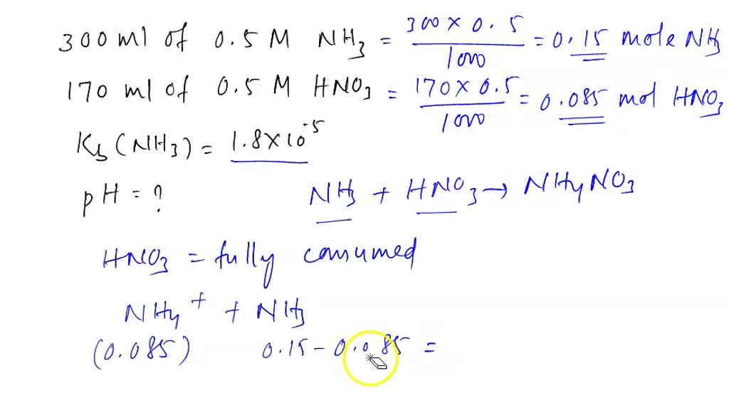 SOLVED: A 100.0 mL sample of 0.10 M NH3 is titrated with 0.10 M HNO3. Determine the pH of the ...