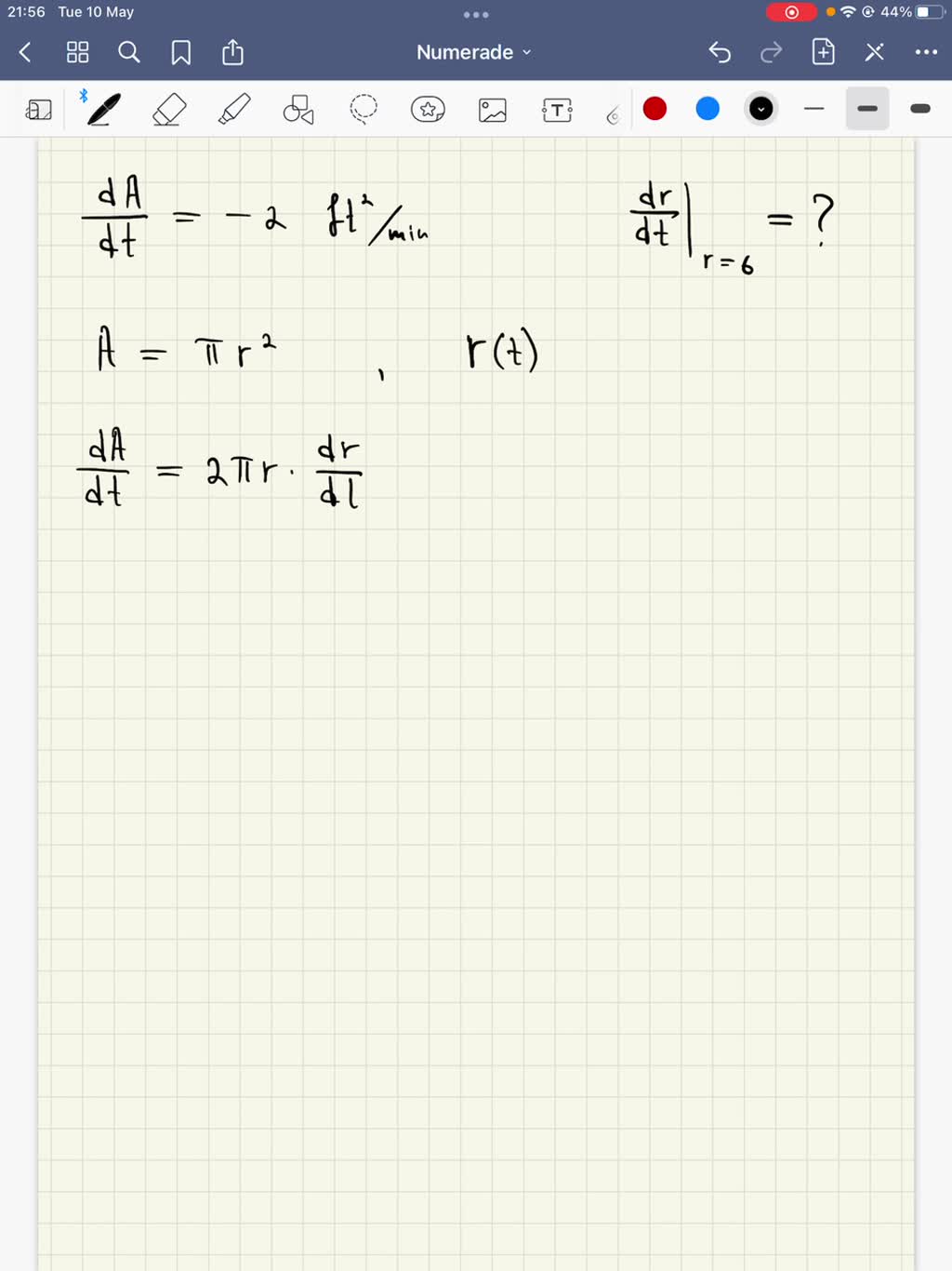 SOLVED: The area of a circle is decreasing at a rate of 2 square feet ...