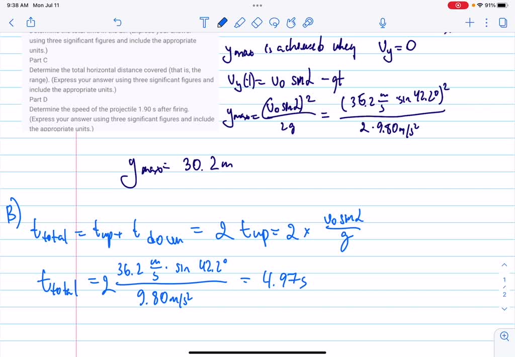SOLVED: A projectile is fired with an initial speed of 36.3 m/s at an angle of 44.0 ∘ above the ...