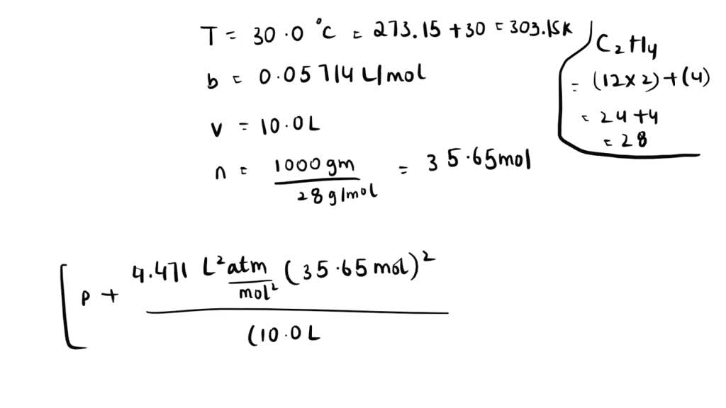 SOLVED: Calculate the pressure of 1000 grams of ethylene gas (C2H4) in a 10.0 L container at 30. ...