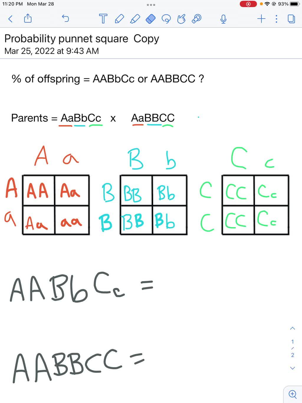 SOLVED: You cross the genotype AaBbCc x AaBBCC. What is the probability ...