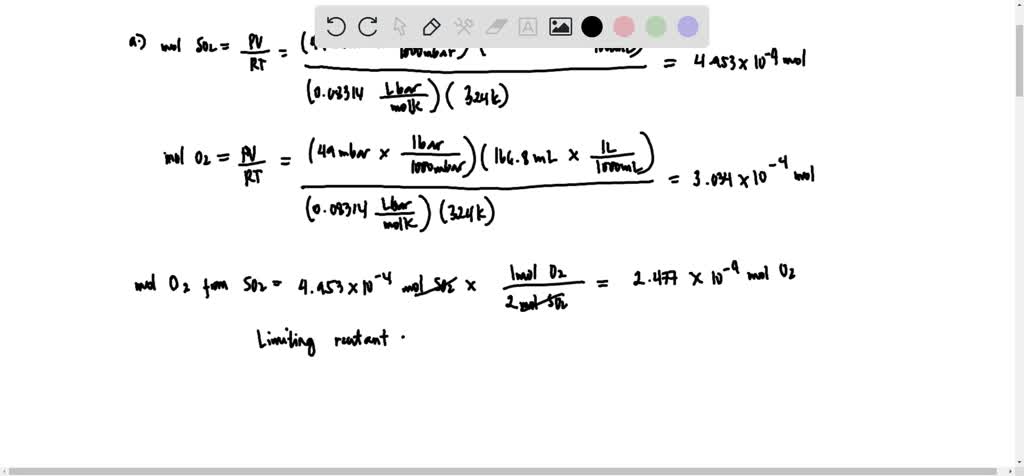 Consider the reaction: 2SO2(g) + O2(g) â†’ 2SO3(g) a) If 272.3 mL of ...