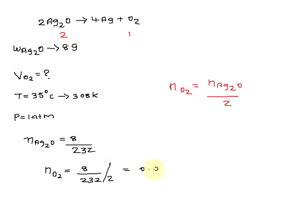 Eight grams of Ag2O (solid) are heated to produce oxygen gas as follows: 2Ag2O = 4Ag + O2. The ...