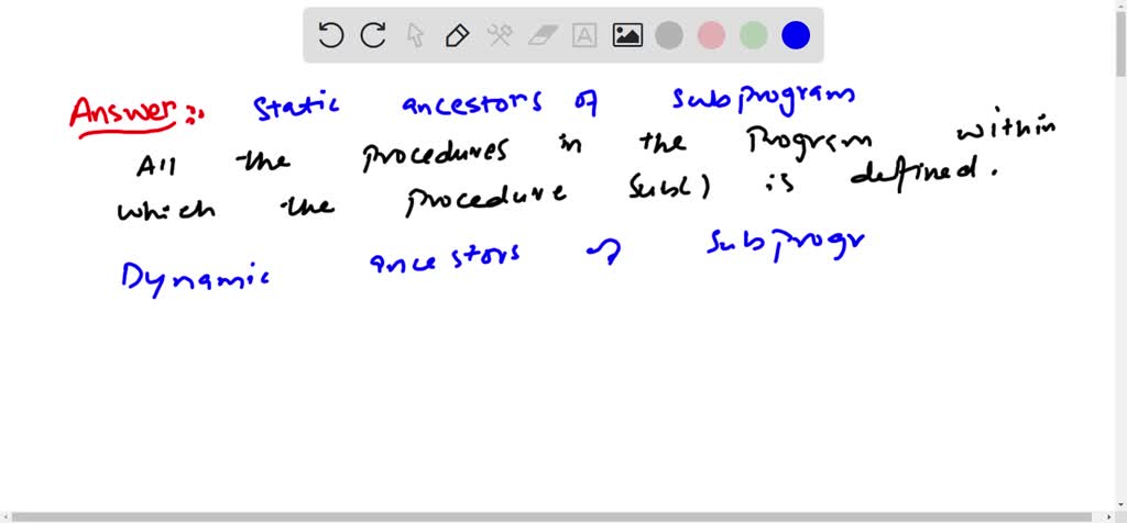SOLVED: What is a static ancestor of a subprogram? What is a dynamic ... SOLVED: What is a static ancestor of a subprogram? What is a dynamic ...
