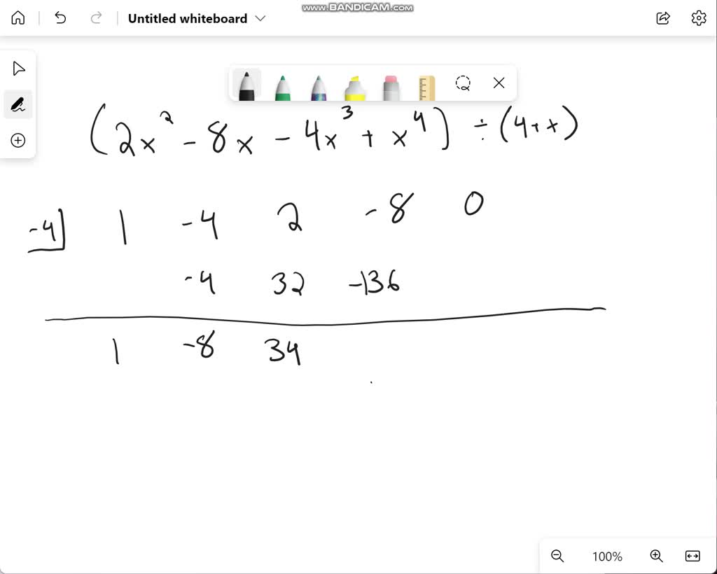 SOLVED: Divide using synthetic division. (2x^2 - 8x - 4x^3 + x^4)(4 + x)