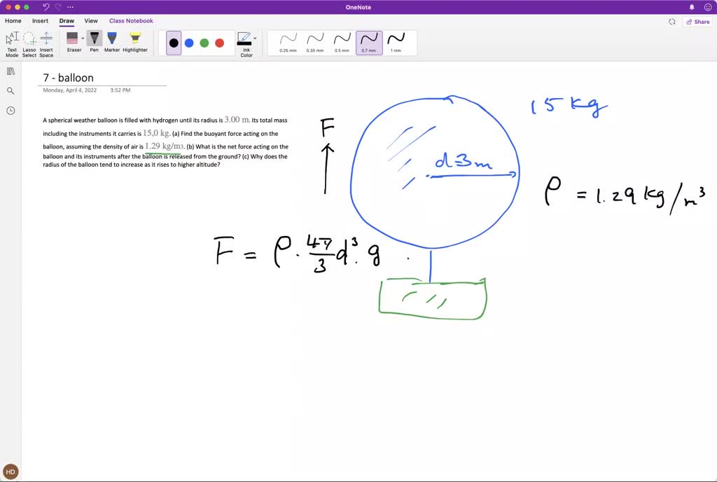 SOLVED: A spherical weather balloon is filled with hydrogen until its radius is 3.00 m . Its ...