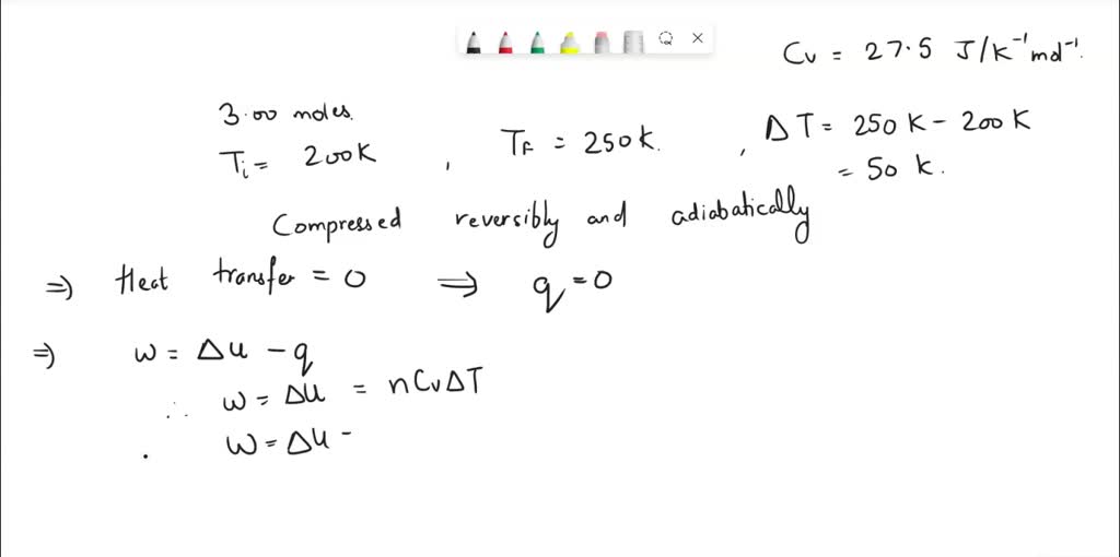 A sample consisting of 3.00 mol of diatomic perfect gas molecules at 200 K is compressed ...