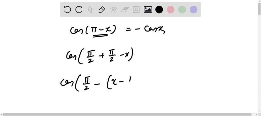 SOLVED: Use the cofunction identities and odd-even identities to prove that cos (π-x)=-cos x ...