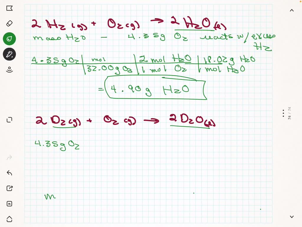 What is the mass of water, H2O(l), produced when 4.35 g of O2(g) reacts with excess H2(g ...