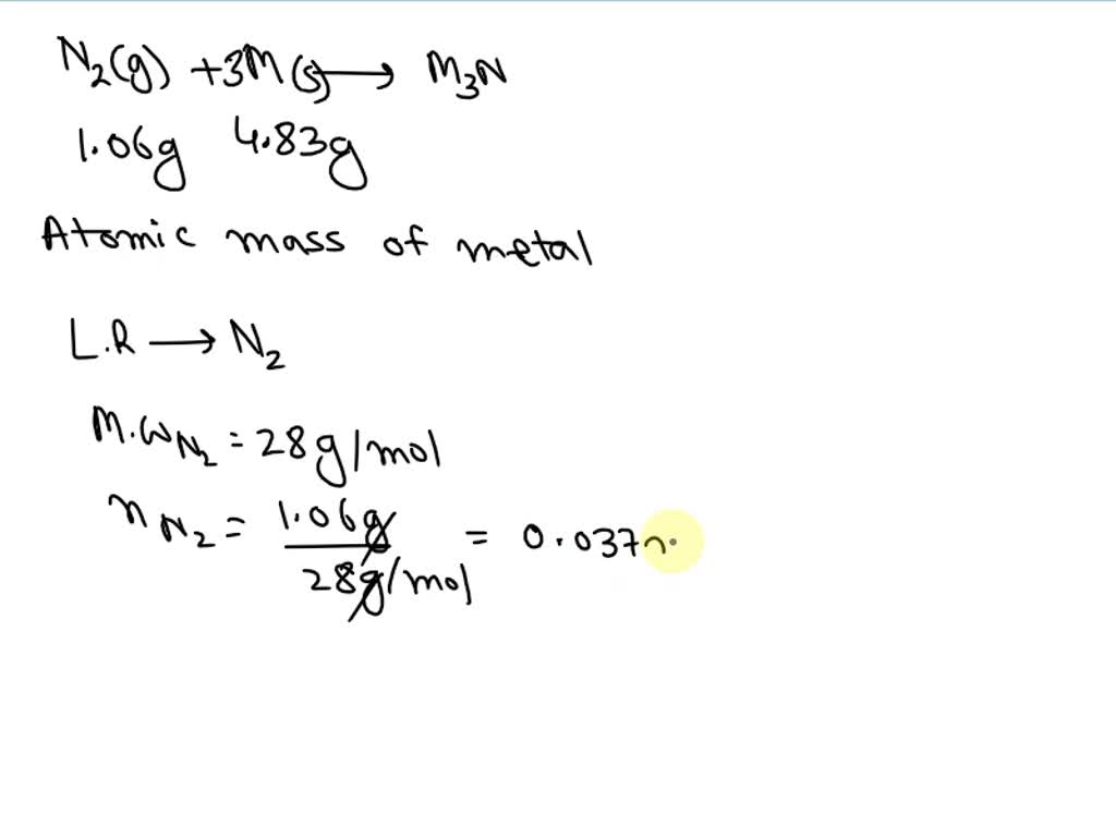 Nitrogen gas (N2) reacts with a metal to form a compound in which there ...