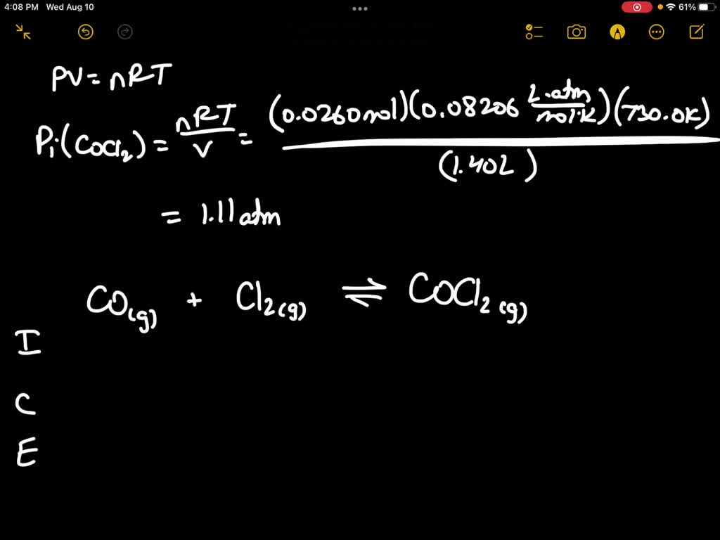 SOLVED: Pure phosgene gas (COCl2), 0.0260 mol, was placed in a 1.40-L ...