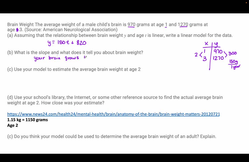 SOLVED: Brain Weight The average weight of a male child's brain is 970 ...