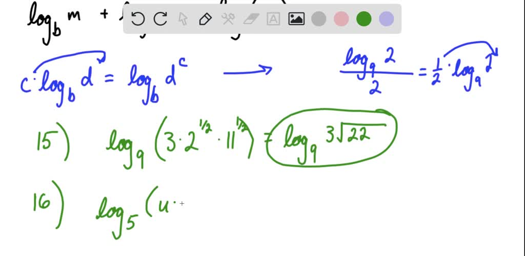SOLVED: Condense each expression to single logarithm log 9 2 log 9 15 ... SOLVED: Condense each expression to single logarithm log 9 2 log 9 15 ...