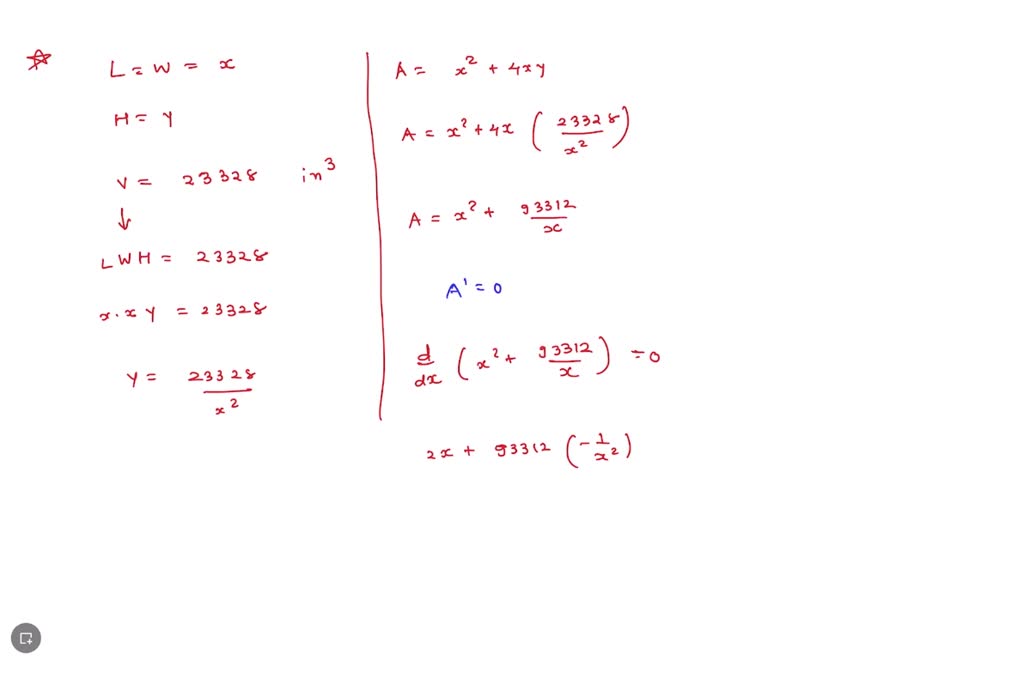 SOLVED: A box with a square base and no top is to be built with a volume of 6912 in^3. Find the ...