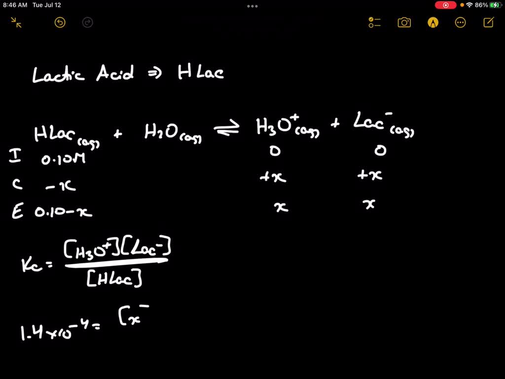 SOLVED: Determine the pH of a 0.20 M solution of lactic acid (Ka=1.75x10-4)