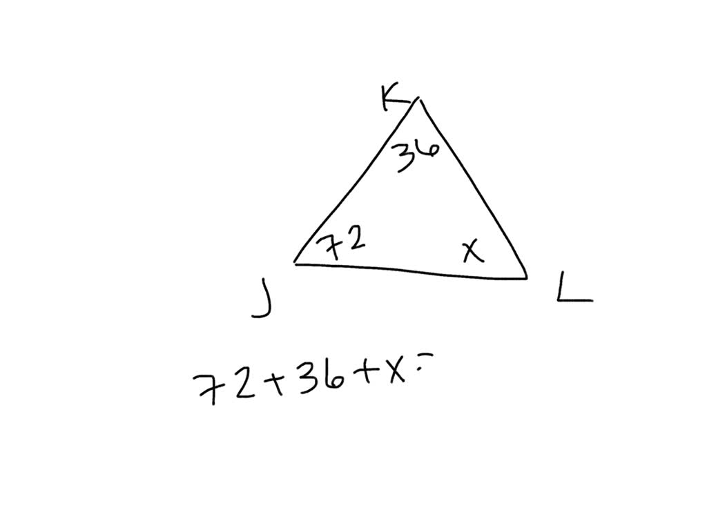 SOLVED: Triangle JKL is isosceles. The meansure of angle J is 72degrees ...