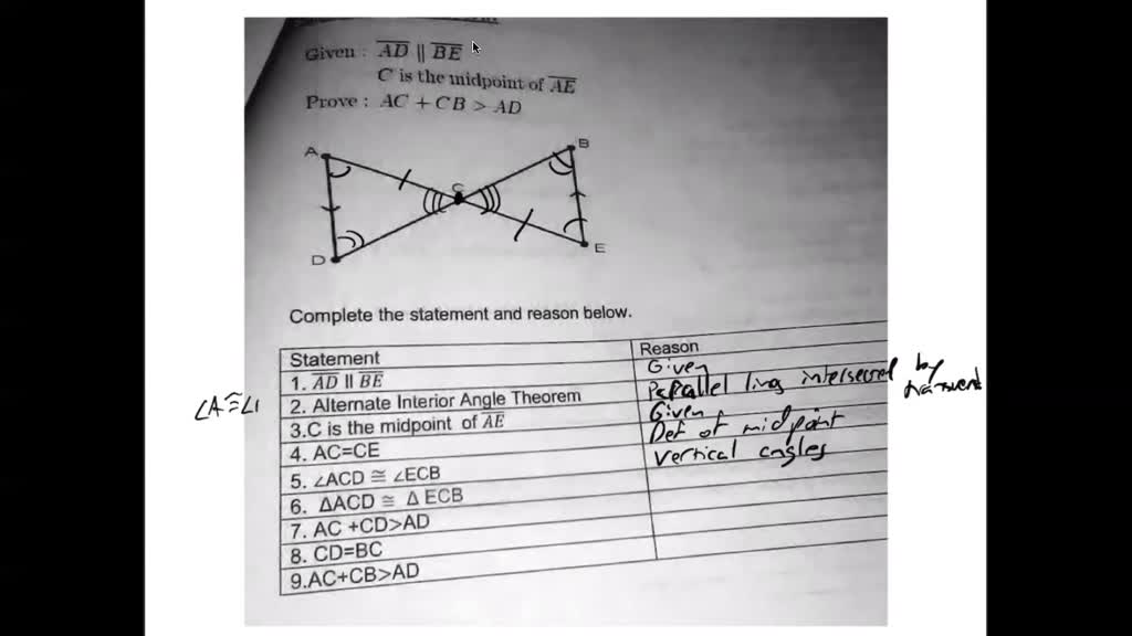 SOLVED: Learning Task: Complete the two-column proof Given: AD || BE, C is the midpoint of AE ...