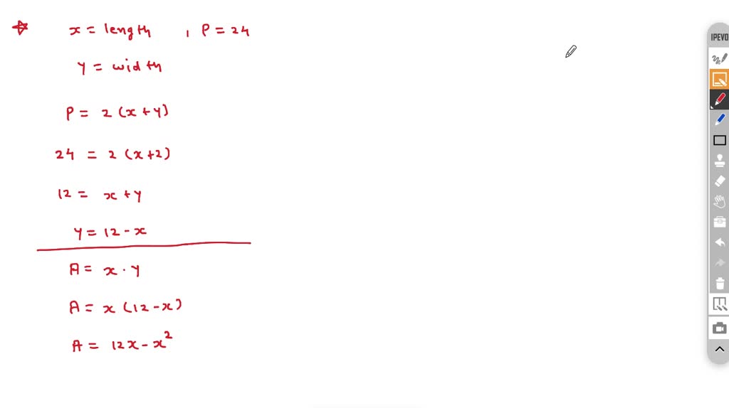 SOLVED: ) Find the dimensions of a rectangle with perimeter 24 m whose area is as large as possible: