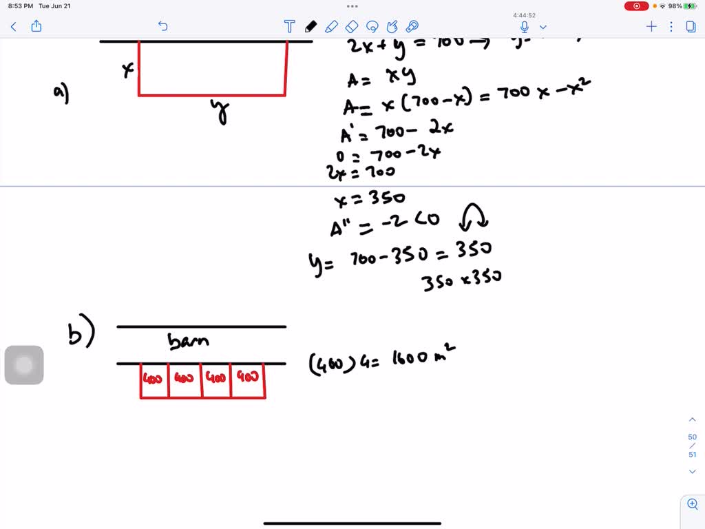 SOLVED: a. A rectangular pen built with one side against - barn: If 700 ...