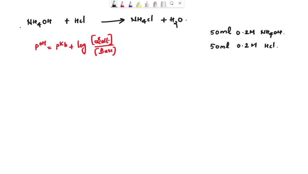 SOLVED: 50 mL of 0.2 M NH4OH and 50 mL of 0.2 M HCl solutions are mixed ...